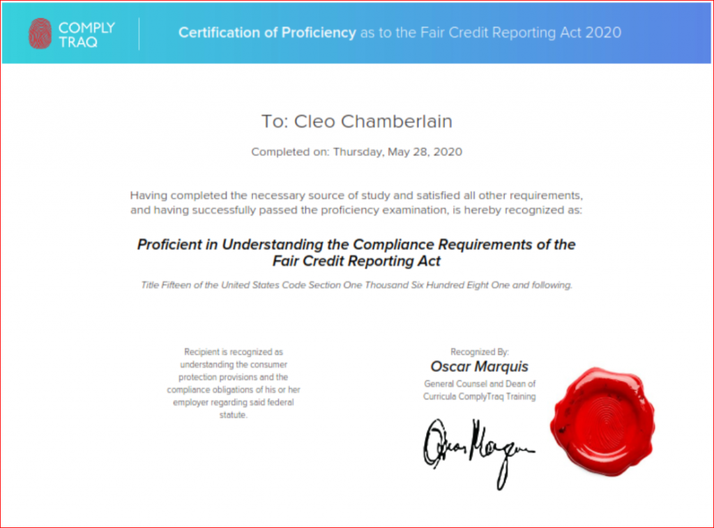 FCRA Certificate | Cleo's Online Services